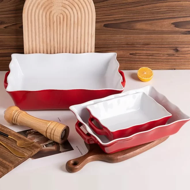 Custom Red Ceramic Baking Pan Set In Bulk with Wavy Edges