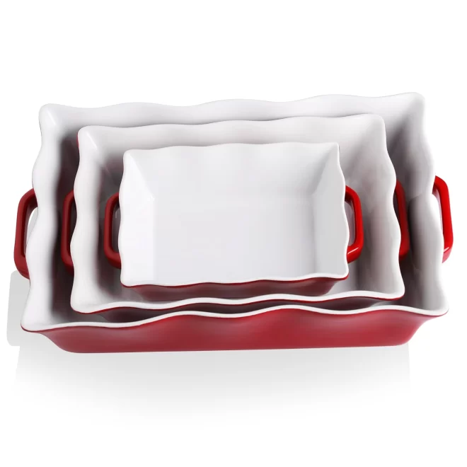 Custom Red Ceramic Baking Pan Set In Bulk with Wavy Edges