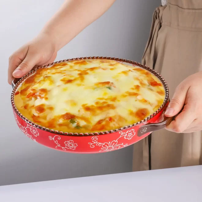 Retro Red Round Baking Pan Wholesale, Ceramic Bakeware Bulk